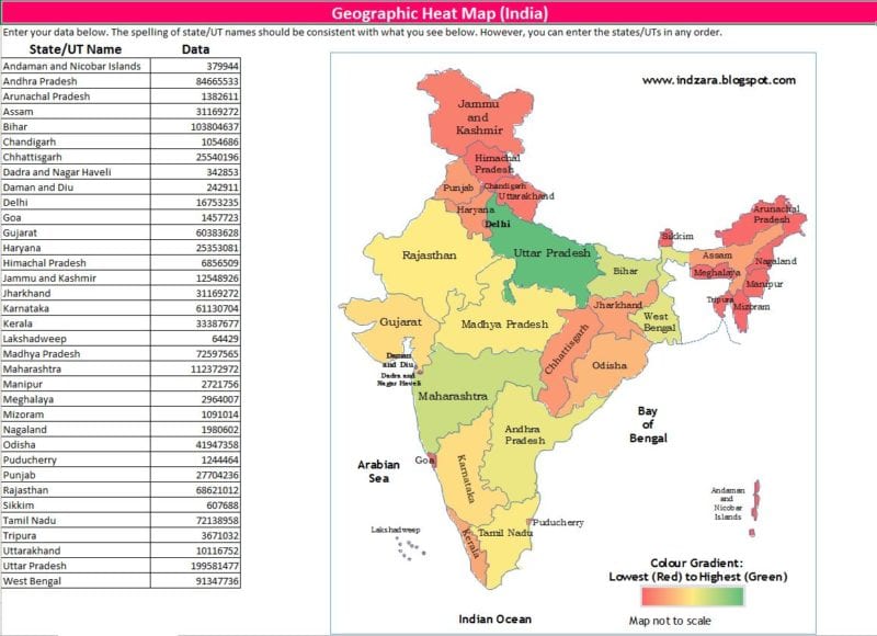 Geographic Heat Map of India by State - Excel Template