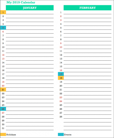 2019 Excel Calendar Template - 19 Calendar Designs - Download