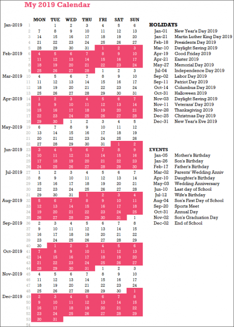 2019 Excel Calendar Template - 19 Calendar Designs - Download