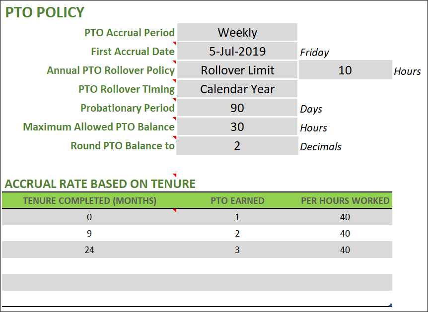 PTO Paid Time Off Balance Calculator For Hourly Employee In Excel