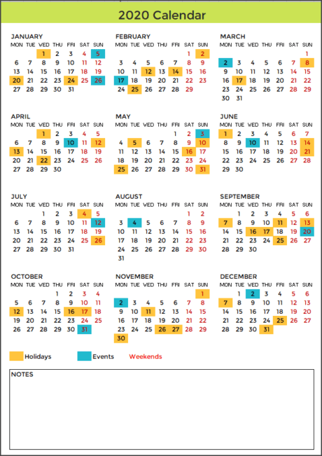 Free 2020 Excel Calendar Template - 20 Calendar designs