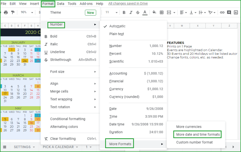 Free Calendar template for Google sheets - 20 Different designs