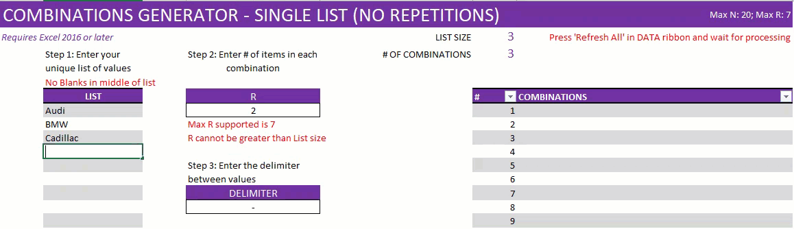 Download Combinations Generator Tool Kit Excel Template
