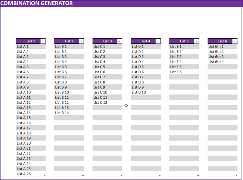 Download Combinations Generator Tool kit Excel Template