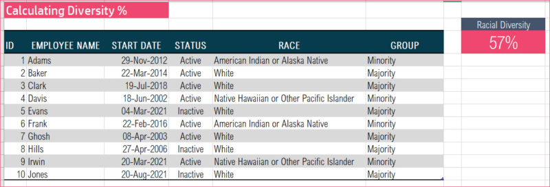 Calculating Diversity Percentage % using formulas in Excel