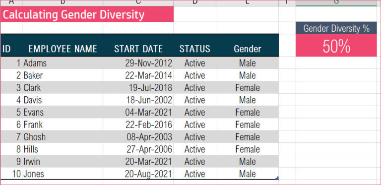 Calculate the Gender Diversity % using formulas in Excel