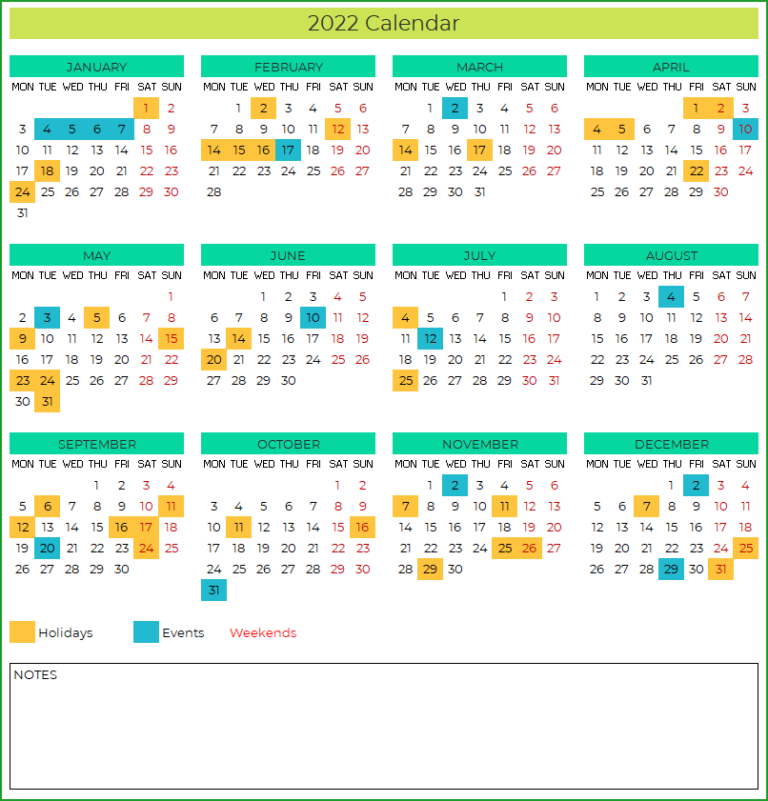 Excel Calendar 2022 with 22 designed layouts - Free Download