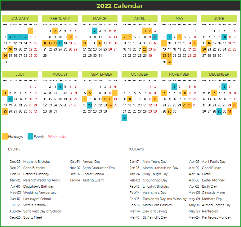 Excel Calendar 2022 with 22 designed layouts - Free Download