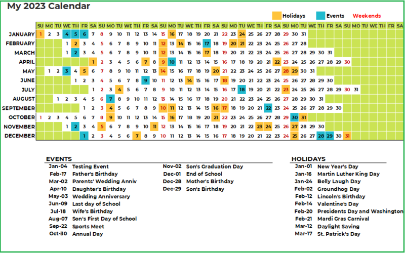 Excel Calendar 2023 with 23 designed layouts - Free Download