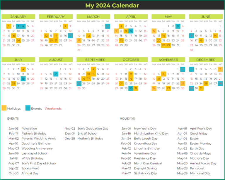 Free Calendar template for Google sheets - 24 Different designs