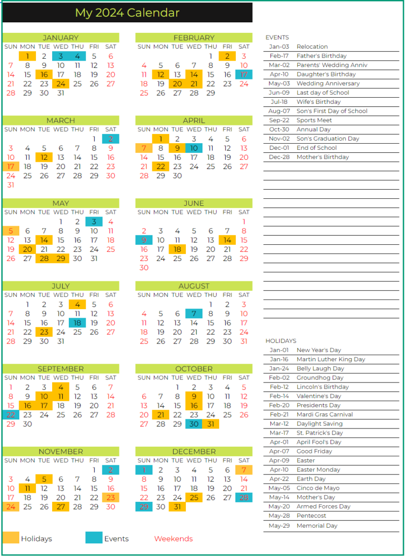Free Calendar template for Google sheets - 24 Different designs