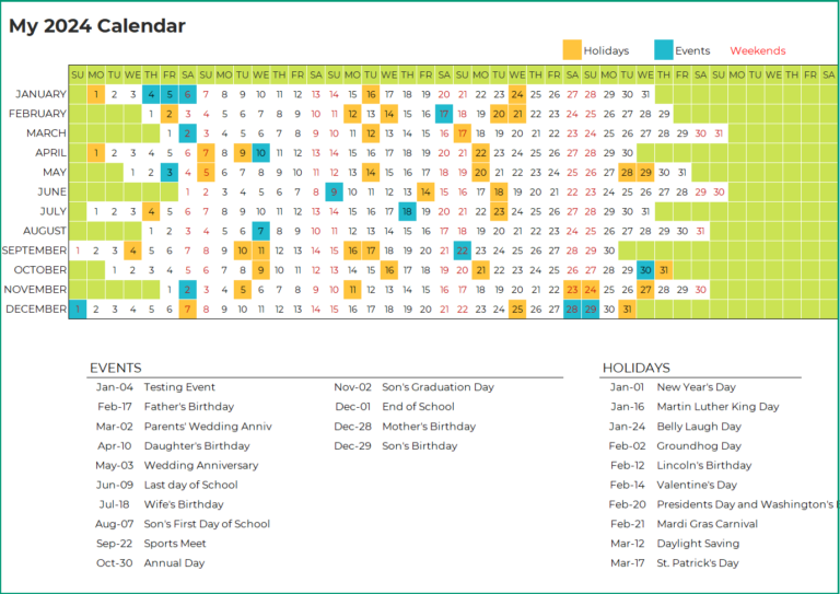 Excel Calendar 2024 with 24 designed layouts - Free Download