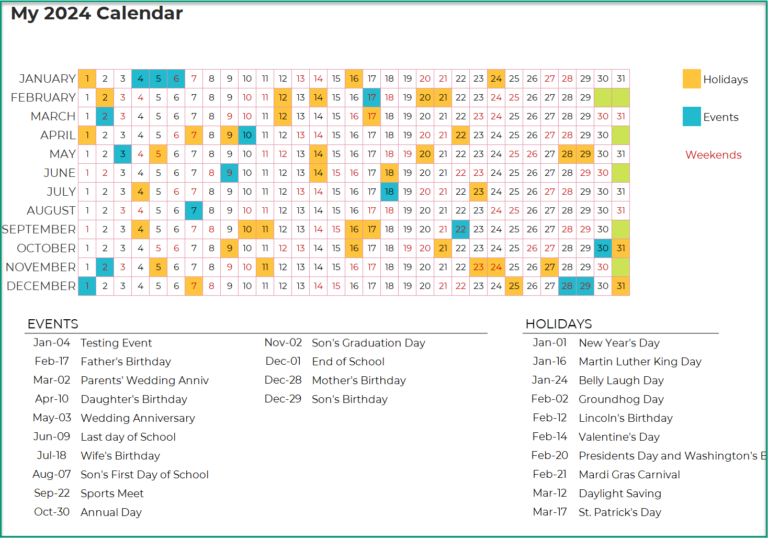 Excel Calendar 2024 with 24 designed layouts - Free Download