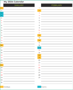 Free Calendar template for Google sheets - 24 Different designs