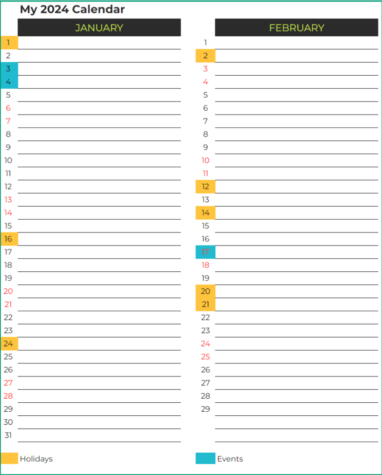 Free Calendar template for Google sheets - 24 Different designs