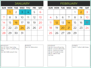 Free Calendar template for Google sheets - 24 Different designs