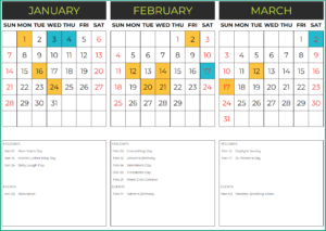 Free Calendar template for Google sheets - 24 Different designs