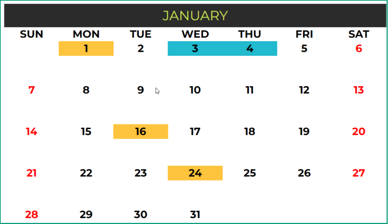 Free Calendar template for Google sheets - 24 Different designs