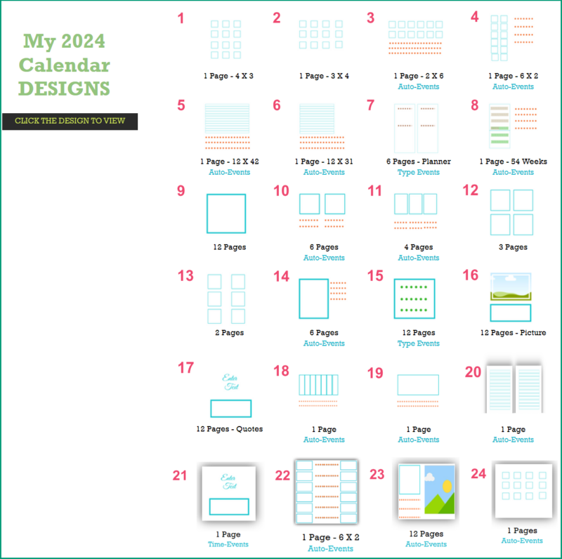 Free Calendar template for Google sheets - 24 Different designs