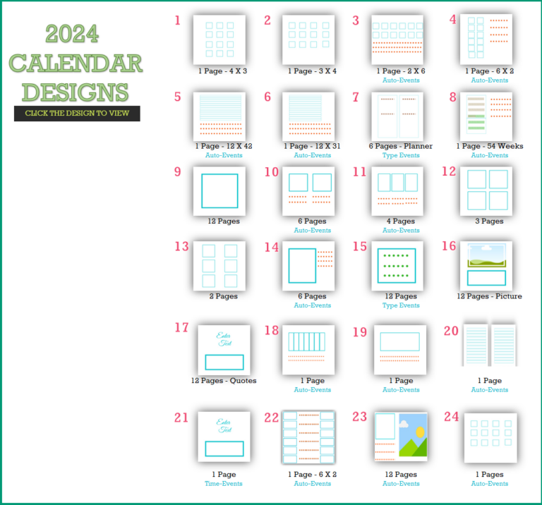 Excel Calendar 2024 with 24 designed layouts - Free Download